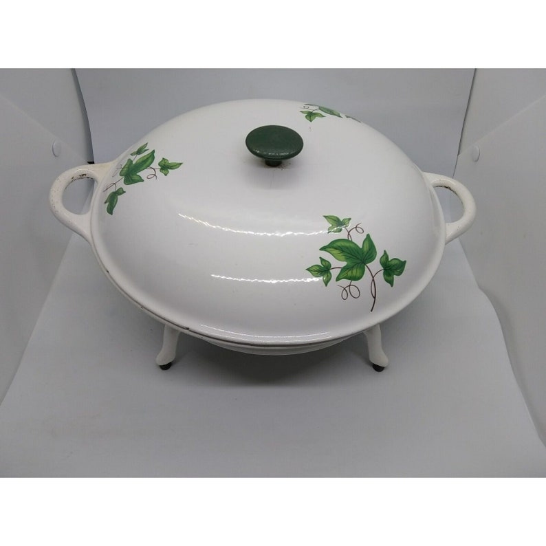 Vtg Set Prizer Ware Enamel Cast Iron Green Ivy Casserole Skillet D-12 W ...