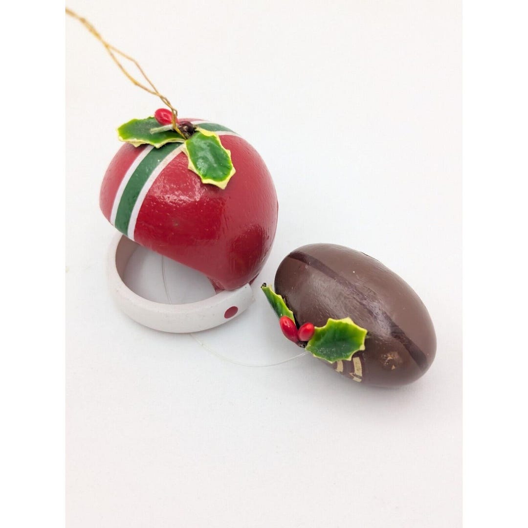 Hanging Football Helmet & Ball Wood Tree Ornament Xmas Holly Red Green ...