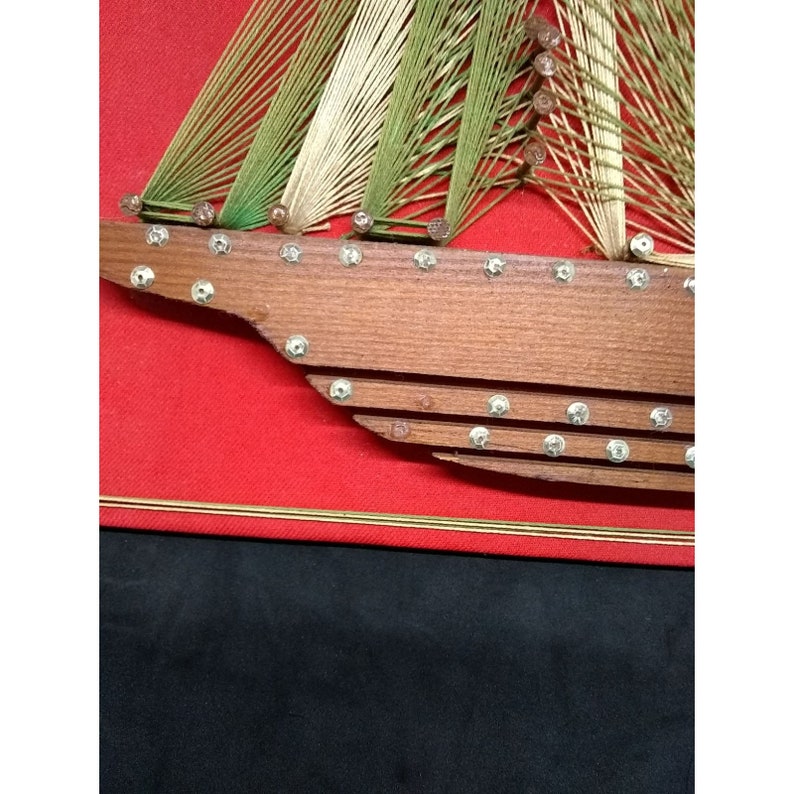 Vintage Nail With Thread/string Art Boat on Red Fabric/ Painted Wood - Etsy