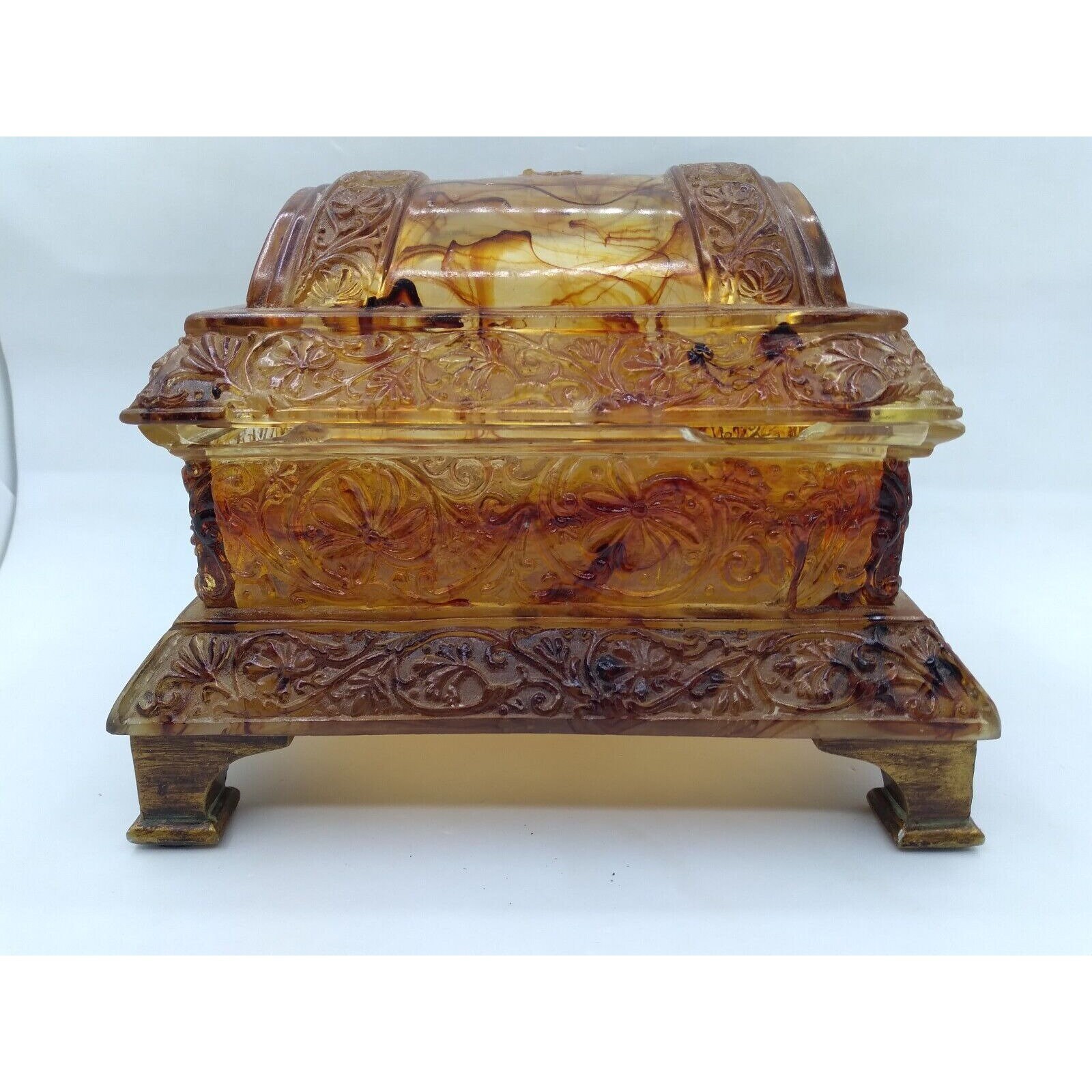 Vtg. Faux Amber Turtoise Shell Resin Anniversary Jewelry Trinket Footed ...