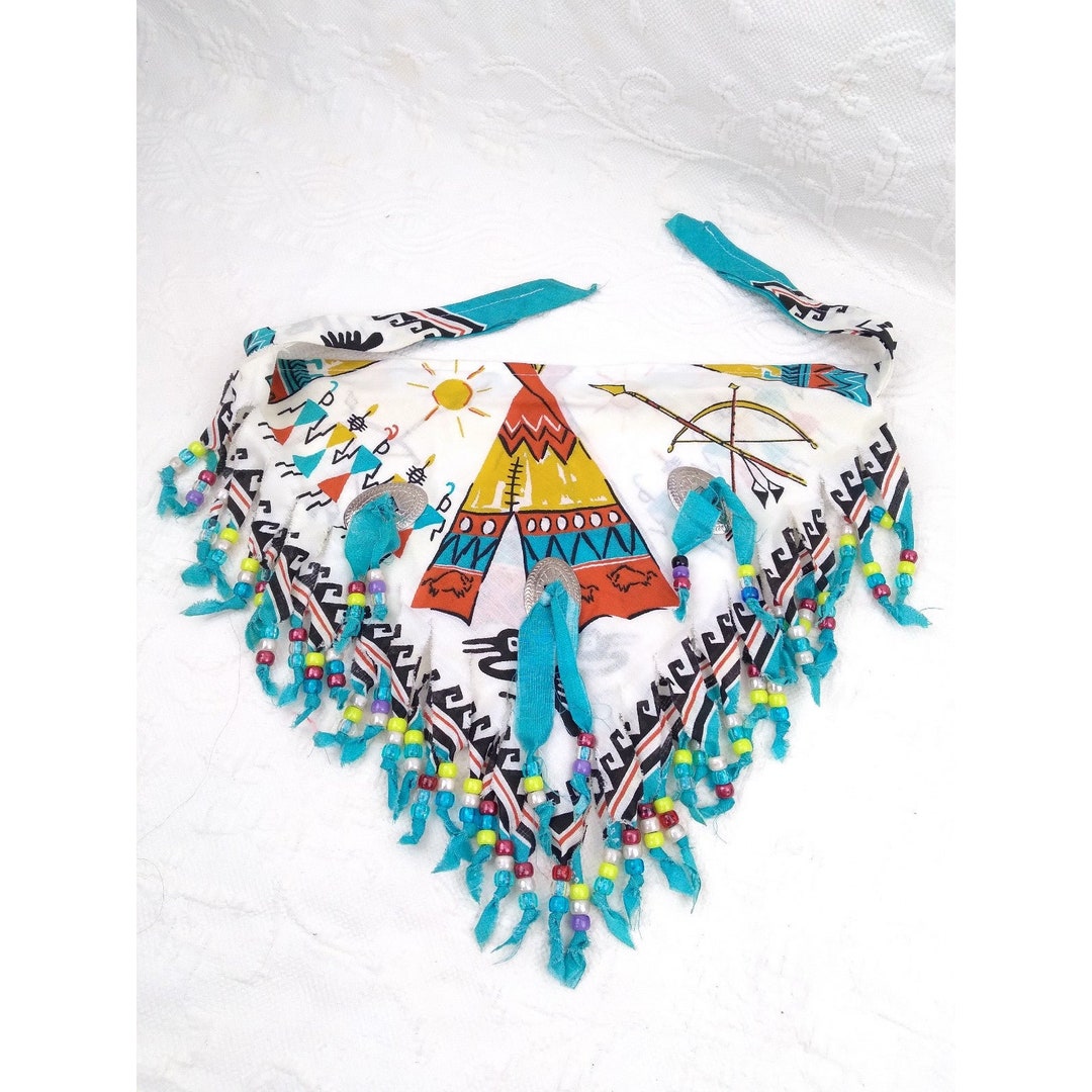 Vintage Native Southwest Design Beaded Kerchief Bandana Turquoise White ...