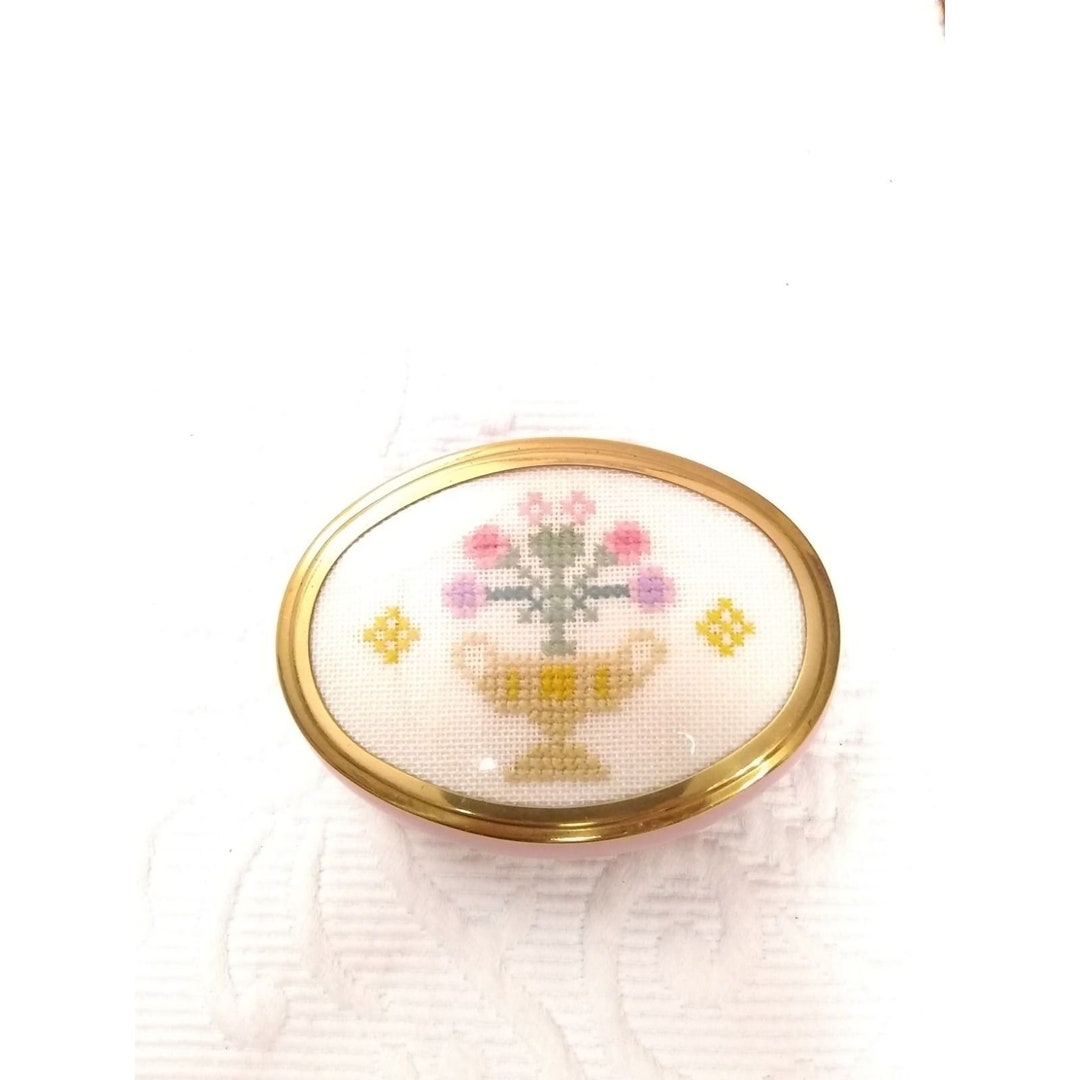 Vtg Framecraft England Miniature Needle Craft Floral Pink Oval Trinket ...