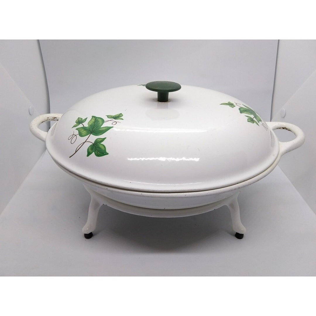 Vtg Set Prizer Ware Enamel Cast Iron Green Ivy Casserole Skillet D-12 W ...