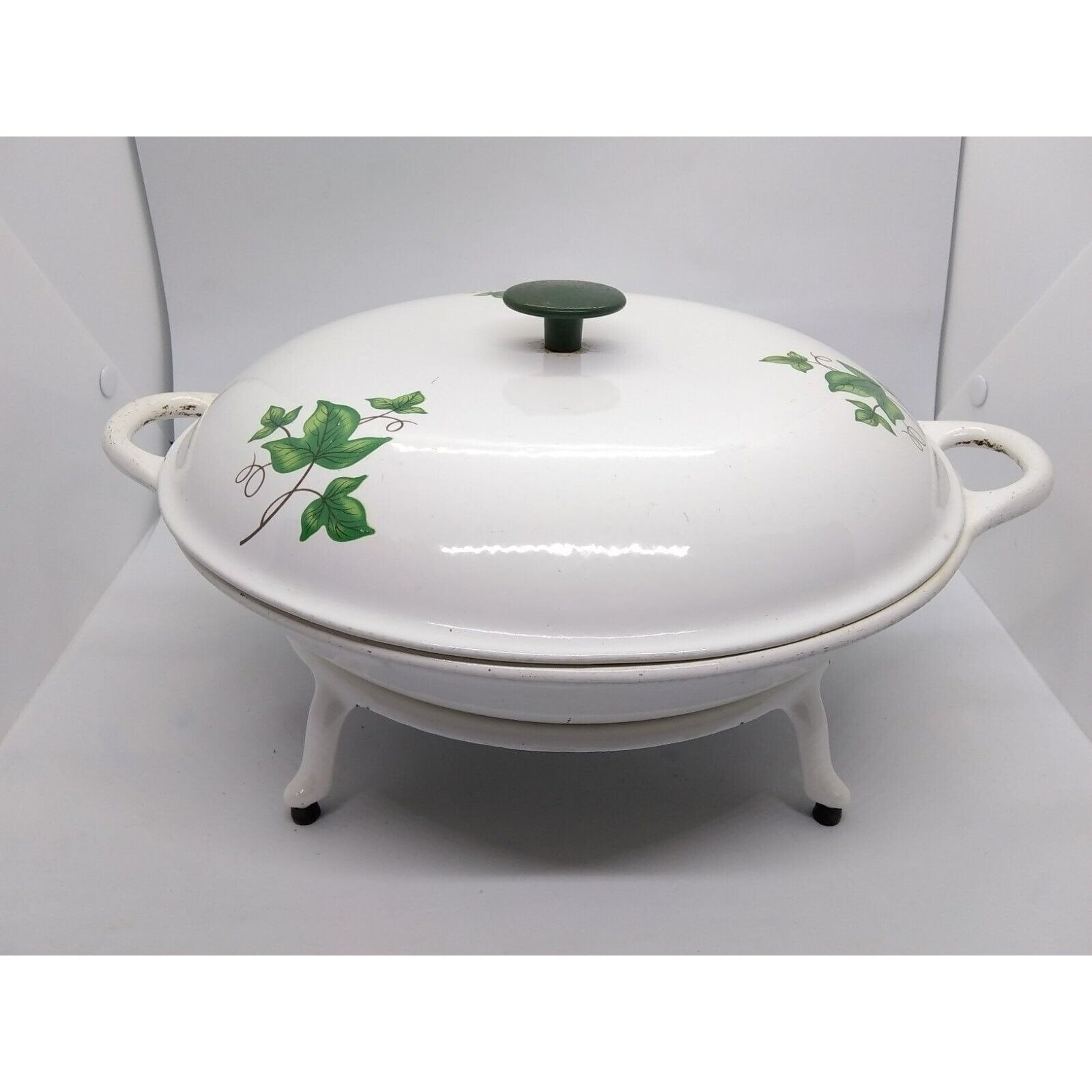 Vtg Set Prizer Ware Enamel Cast Iron Green Ivy Casserole Skillet D-12 W ...