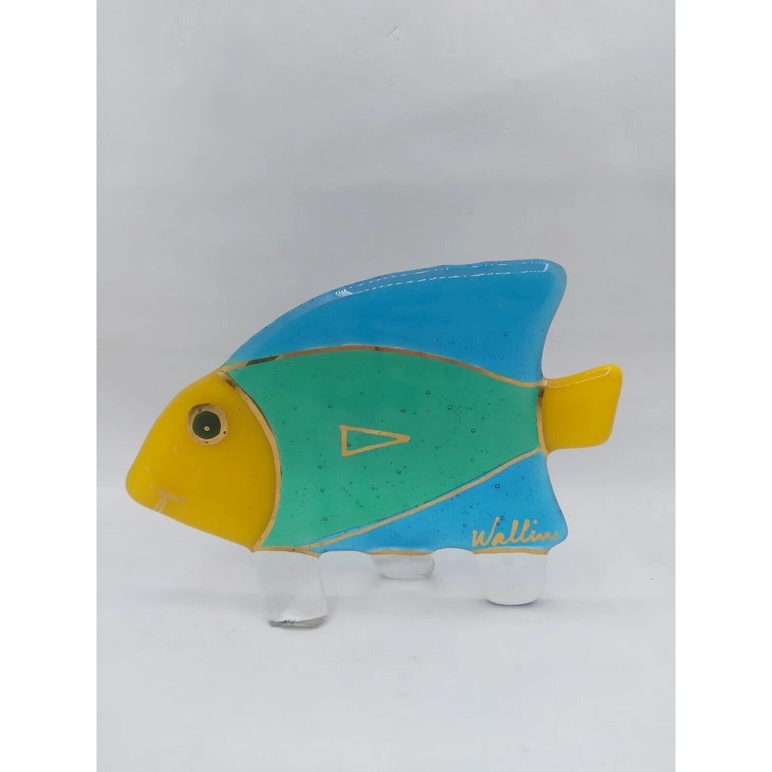Vtg. Sandy Wallin Signed Fused Art Glass With Gold Trim Tropical Fish ...