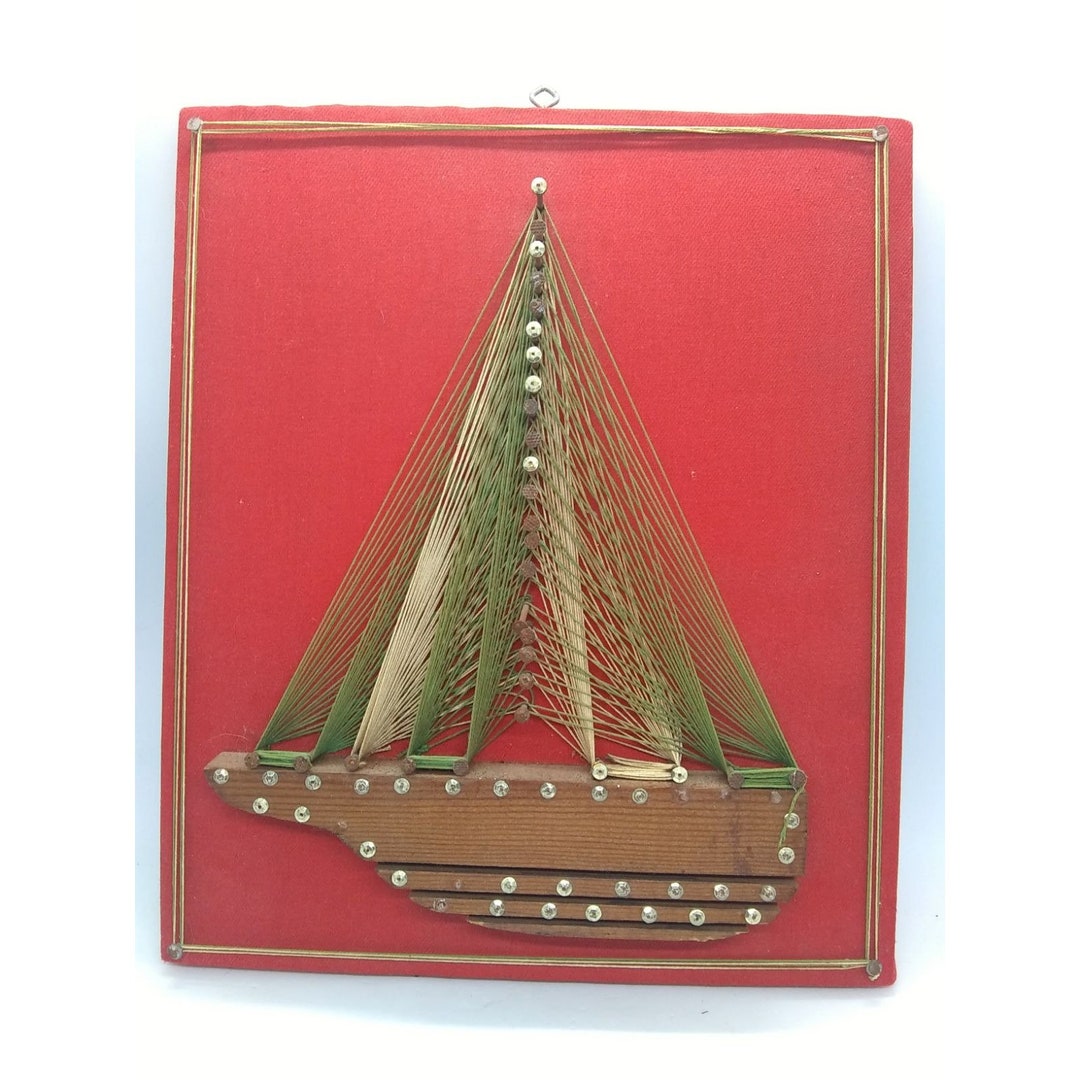 Vintage Nail With Thread/string Art Boat on Red Fabric/ Painted Wood - Etsy