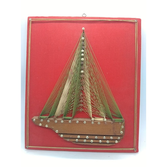 Vintage Nail With Thread/string Art Boat on Red Fabric/ - Etsy