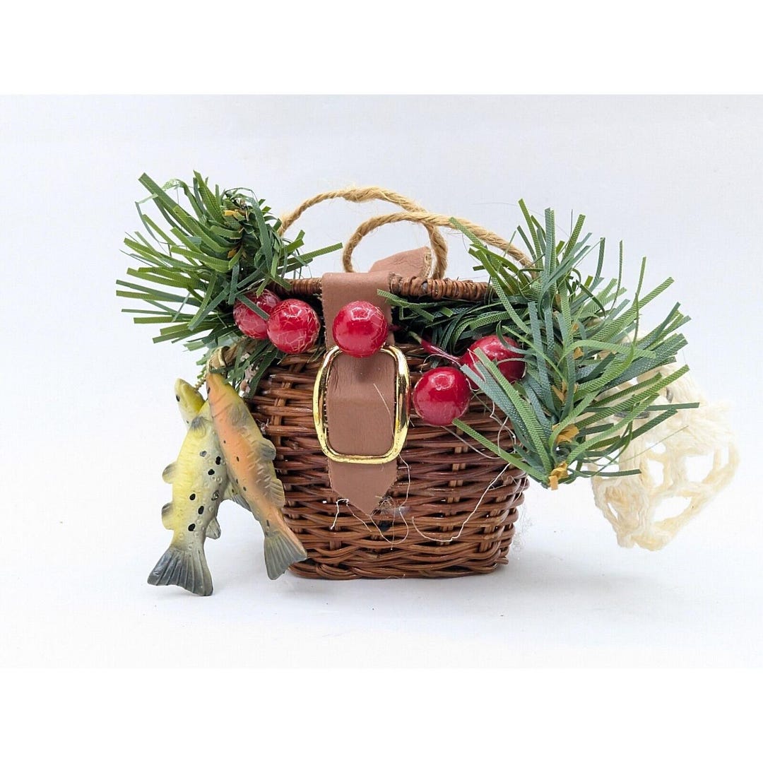 Fisherman Basket Christmas Tree Ornament Fishing Net Fish Trout Holly 2 ...