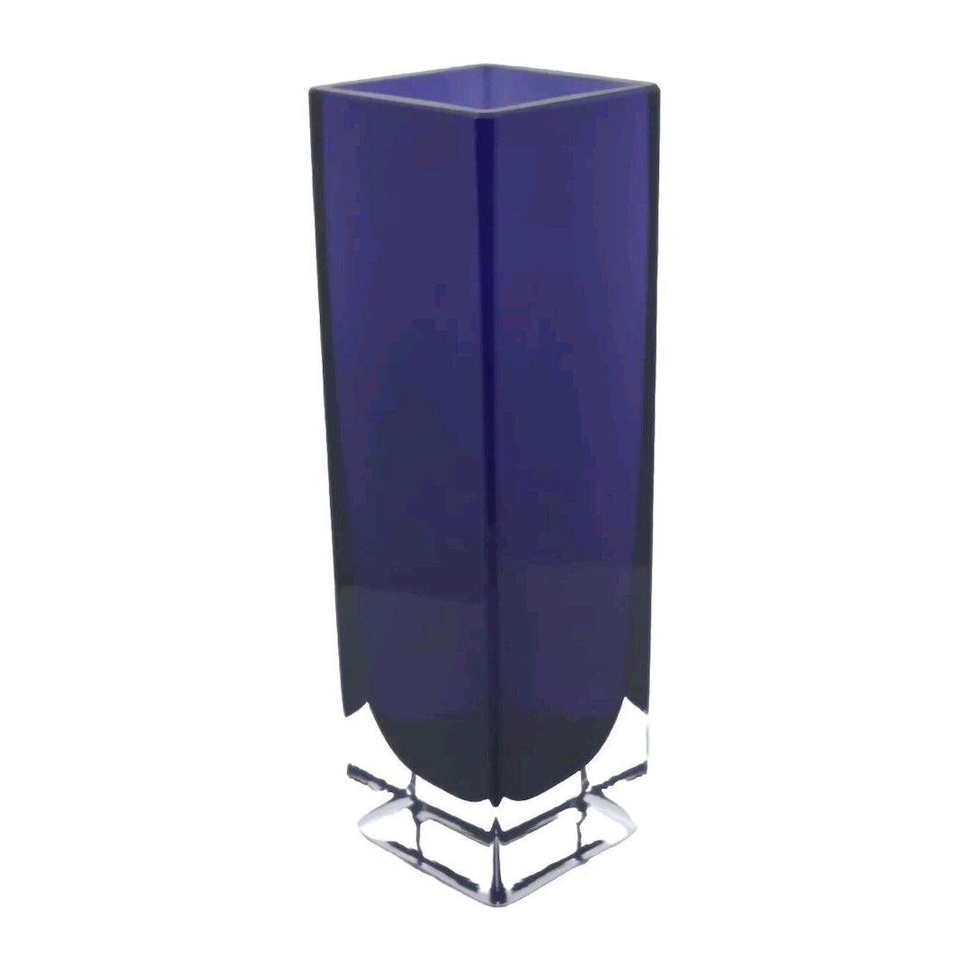 LSA Poland Glass Cobalt Blue Square Vase Thick Clear Bottom 7.75 READ ...