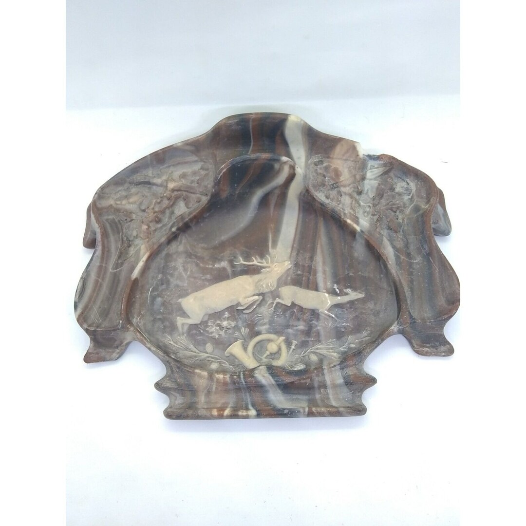 VTG Genuine Incolay Stone Desk Org. Deer Wildlife Cameo Marble Brown ...