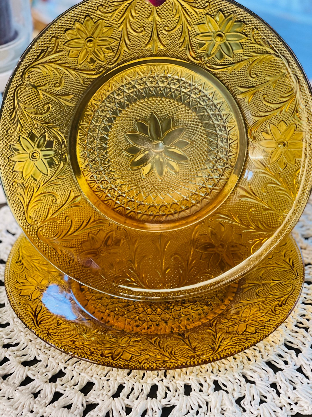 4 Vintage Tiara Sandwich Amber Dinner Plates Yellow Glass Thanksgiving ...