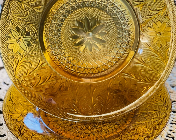 4 Vintage Tiara Sandwich Amber Dinner Plates Yellow Glass Thanksgiving ...