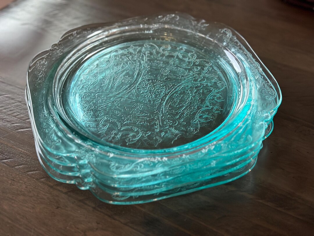 4 Blue Vintage Plates Madrid Indiana Glass Plates Spanish Green Dinner ...