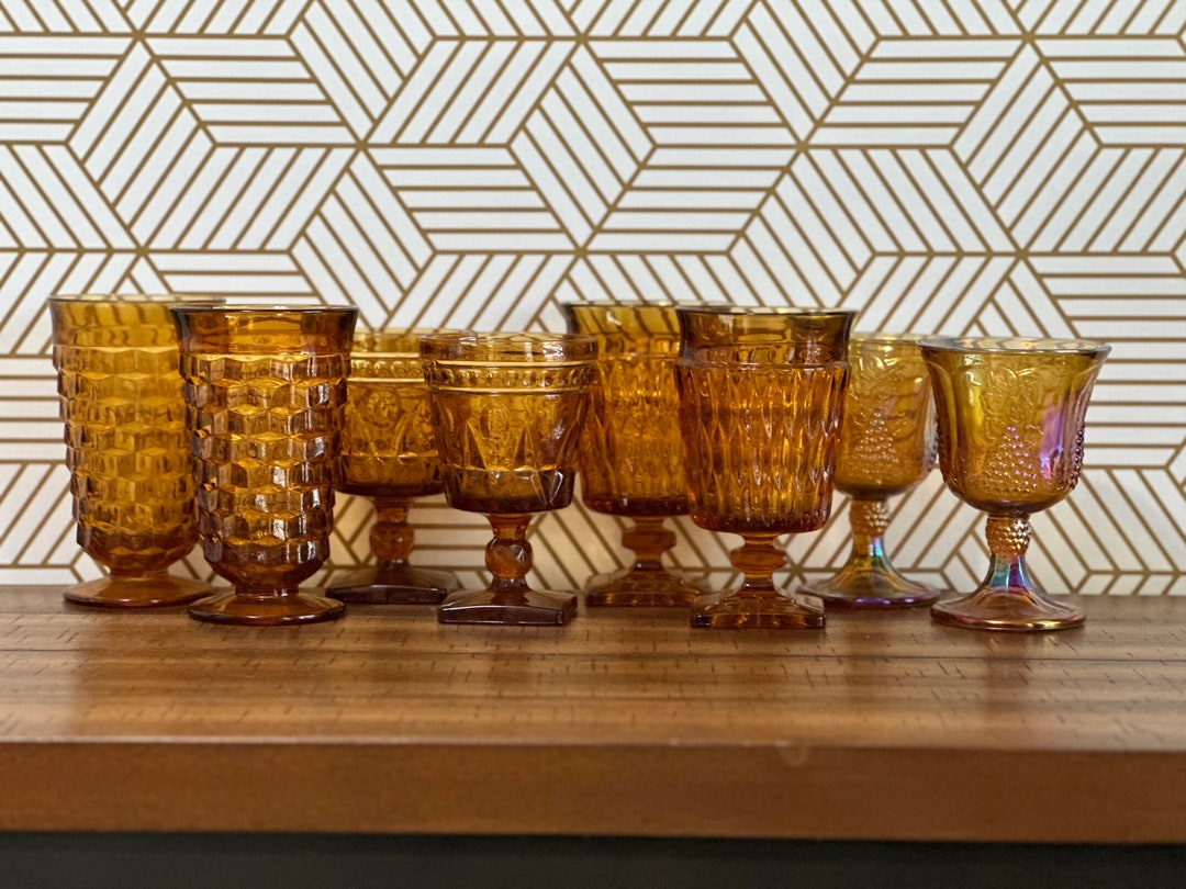 Vintage Mismatched Amber Water Goblets Multicolored Yellow Wine Glasses ...