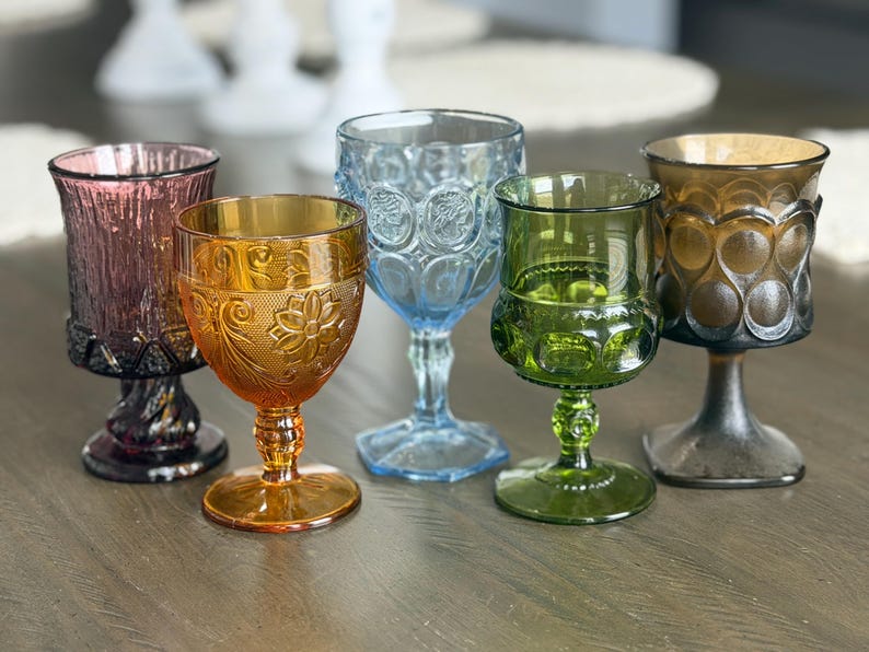 5 Vintage Multicolored Goblets Mismatch Mixed Water Goblets Fall Decor ...