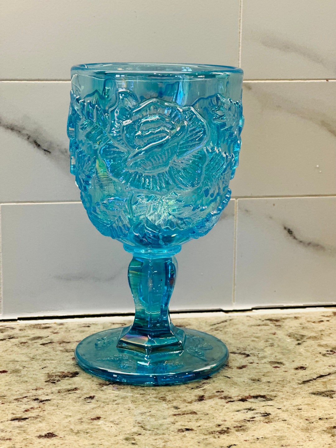 1 Vintage Carnival Blue Fenton Madonna Inn Wild Rose Goblet Water ...