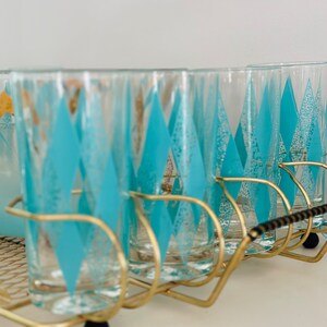 Hazel Atlas Teal Diamond Harlequin Highball Glasses & Chip Bowl W Caddy ...