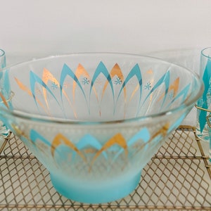 Hazel Atlas Teal Diamond Harlequin Highball Glasses & Chip Bowl W Caddy ...