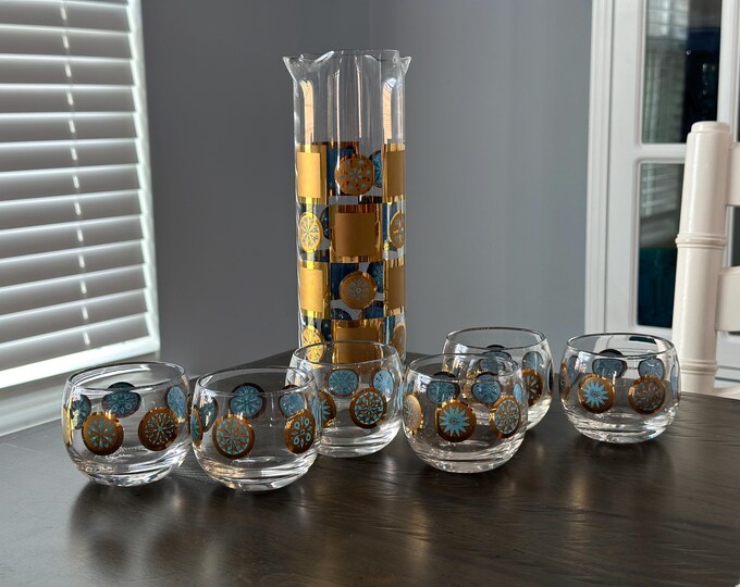 6 Culver Carnival Gold Roly Poly Glasses Cocktail Pitcher Snowflake 22k ...