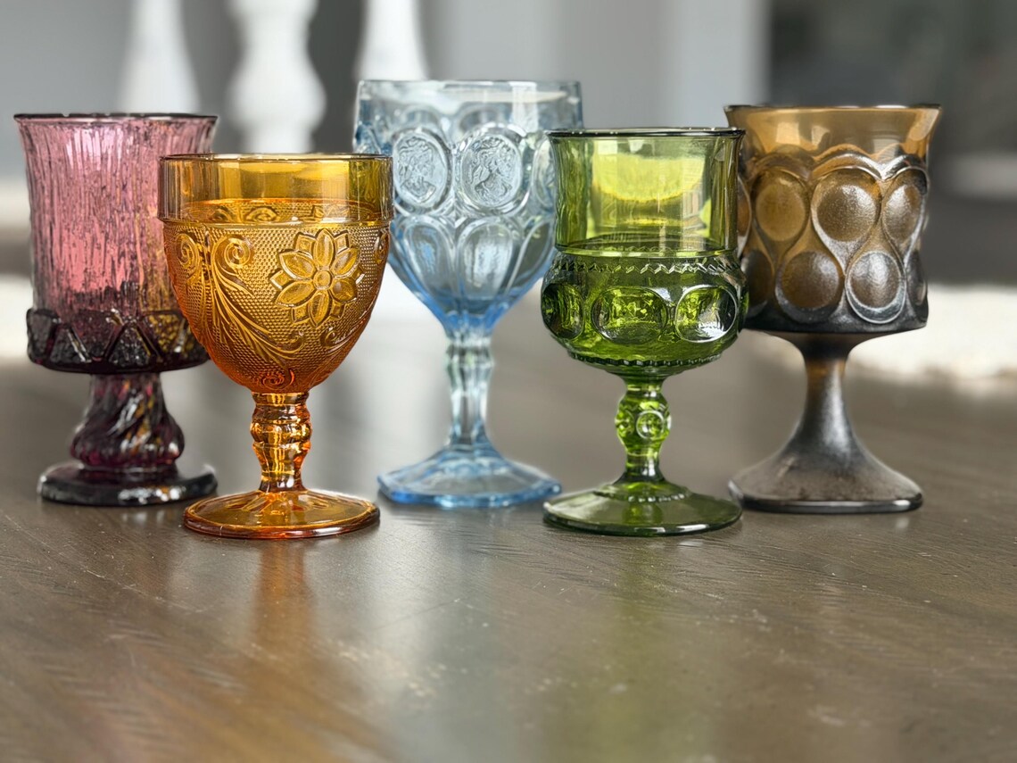 5 Vintage Multicolored Goblets Mismatch Mixed Water Goblets Fall Decor ...
