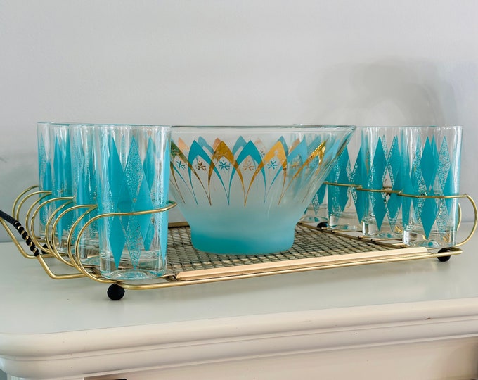 Hazel Atlas Teal Diamond Harlequin Highball Glasses & Chip Bowl W Caddy ...
