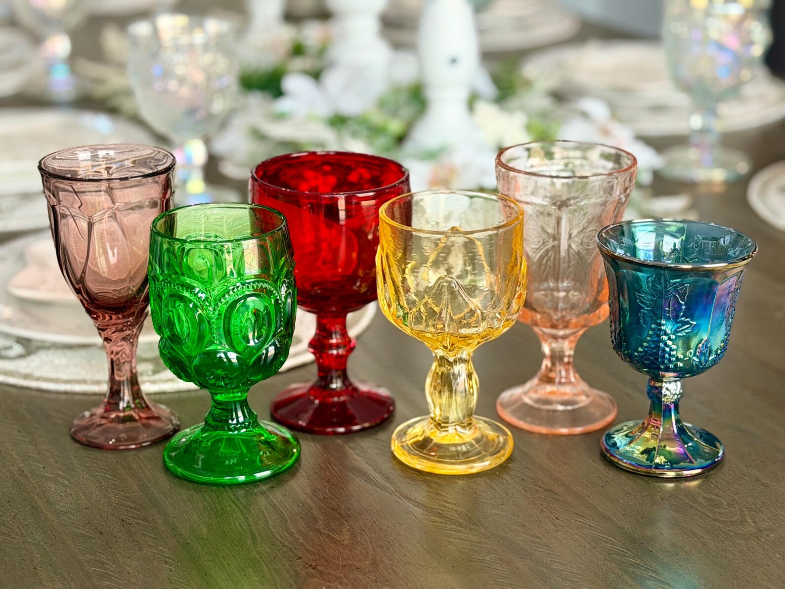 6 Vintage Multicolored Goblets Mismatch Mixed Water Goblets Fall Decor ...