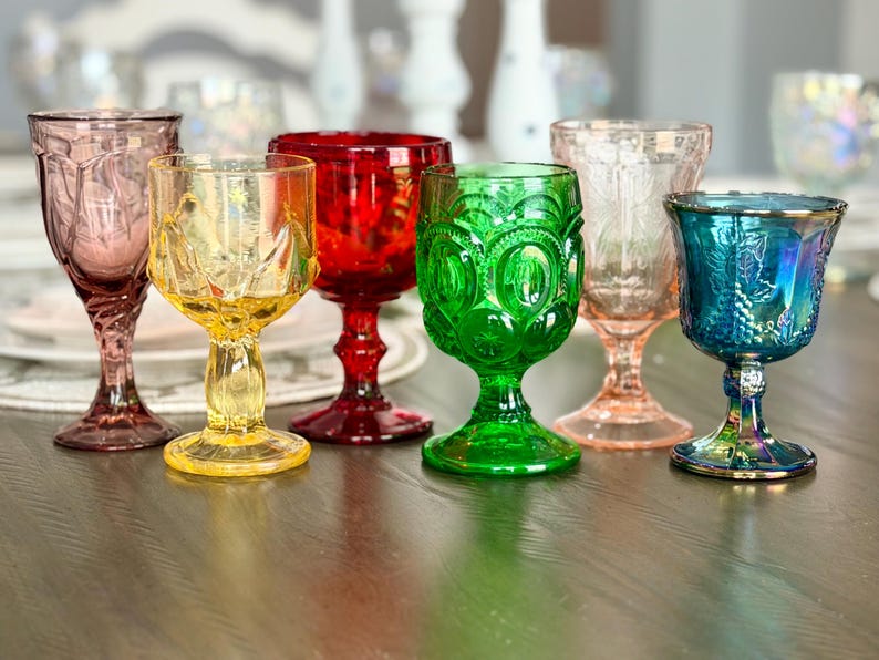 6 Vintage Multicolored Goblets Mismatch Mixed Water Goblets Fall Decor ...