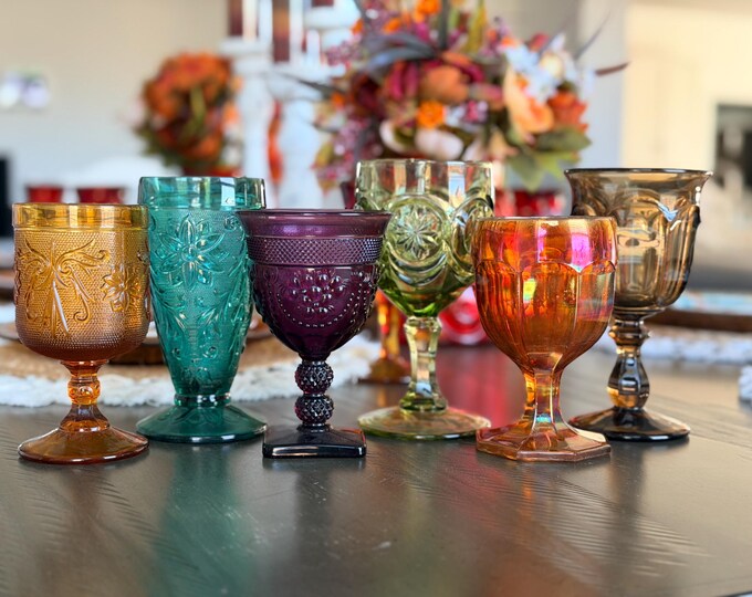 6 Vintage Multicolored Goblets Mismatch Mixed Water Goblets Fall Decor ...