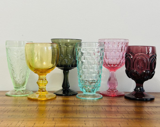 6 Vintage Multicolored Goblets Mismatch Mixed Water Goblets Fall Decor ...
