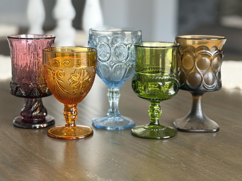 5 Vintage Multicolored Goblets Mismatch Mixed Water Goblets Fall Decor ...