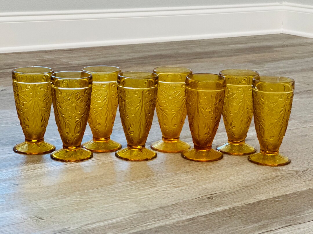 4x Vintage Tiara Sandwich Amber Goblets Set of 4 Yellow Thanksgiving ...
