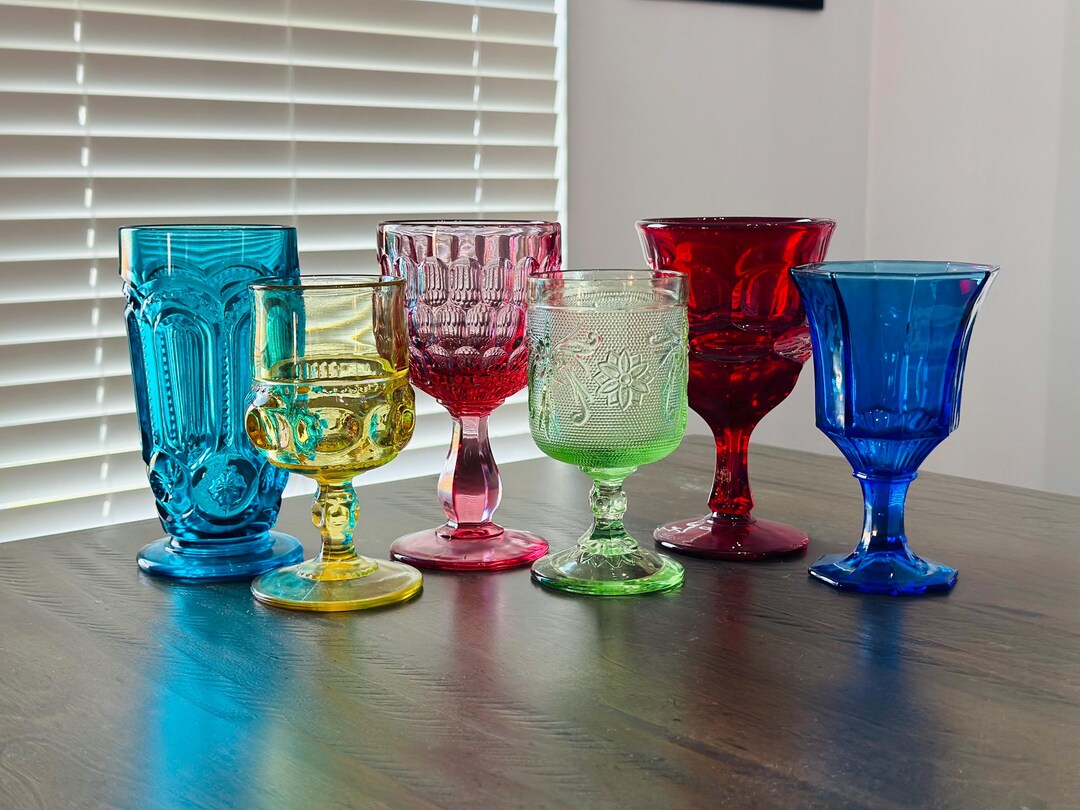 6 Vintage Multicolored Goblets Mismatch Mixed Water Goblets Fall Decor ...