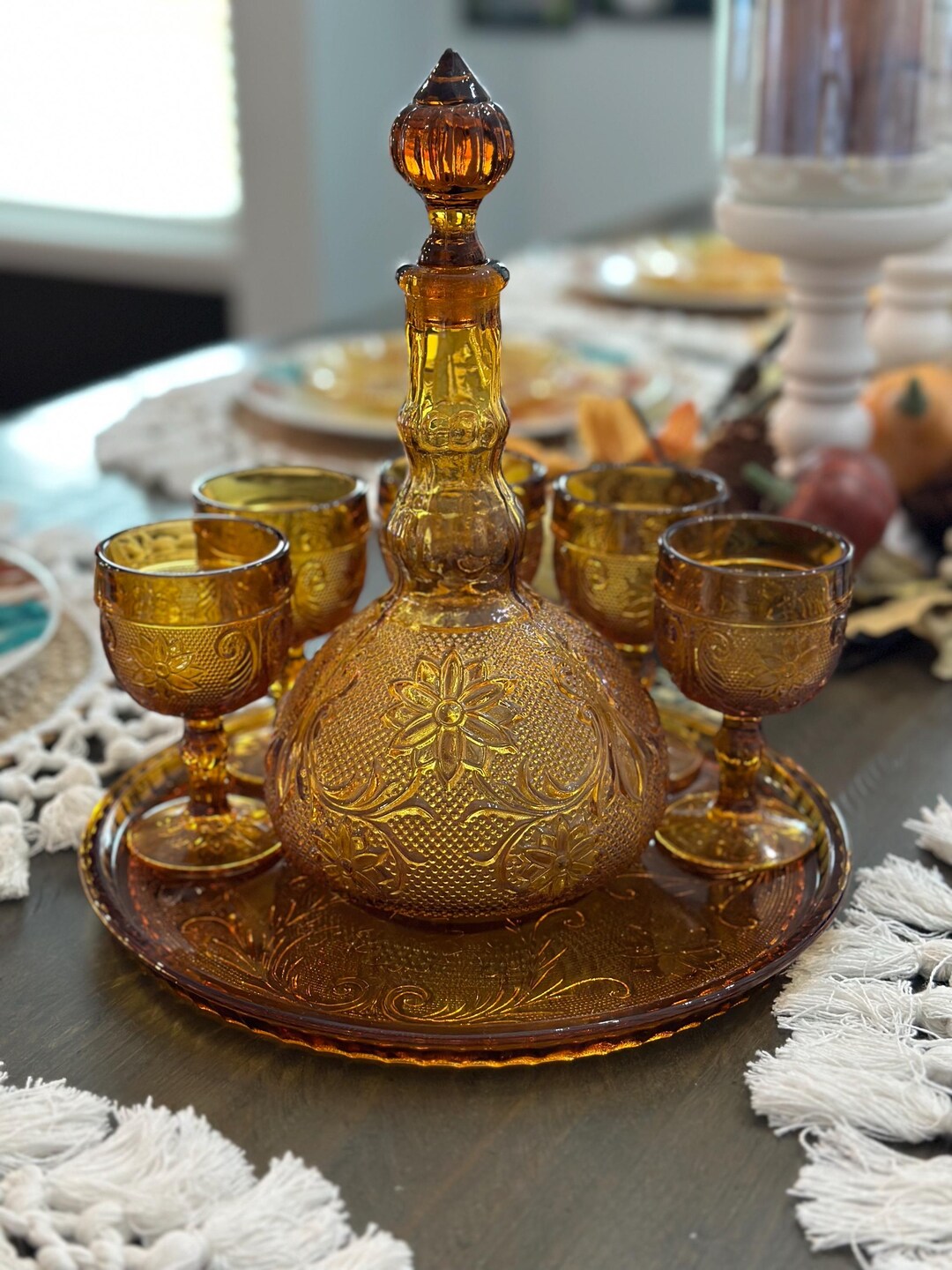 Vintage Tiara Sandwich Amber Decanter Goblet Set Yellow Glass ...
