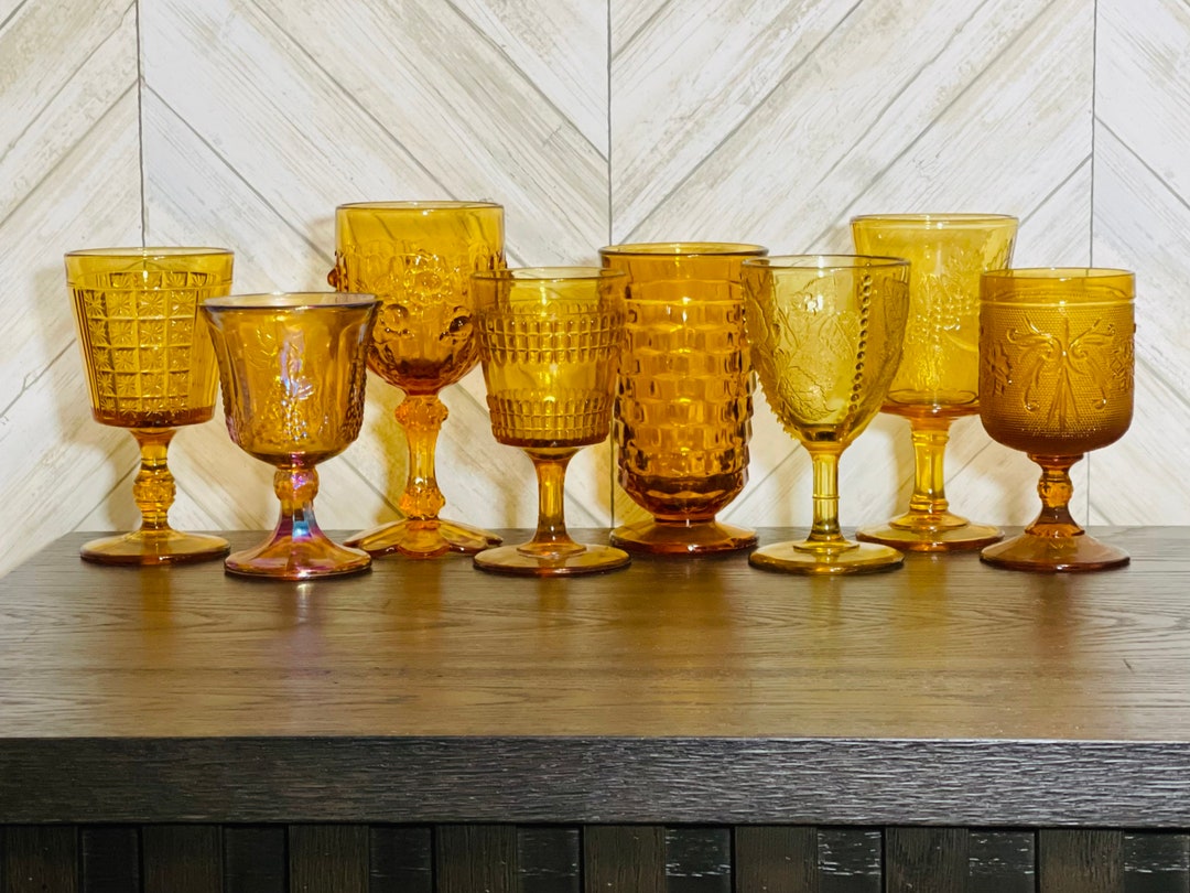 Vintage Mismatched Amber Water Goblets Multicolored Yellow Wine Glasses ...