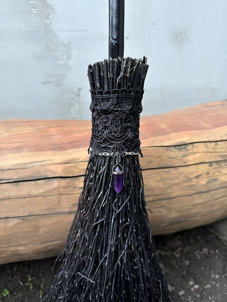 Black Witch Broom With Lace and Crystal, Besom, Birch Broom, Natural ...