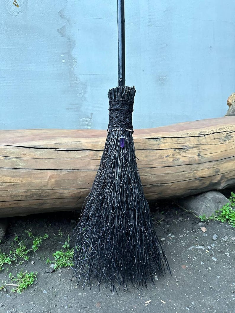 Black Witch Broom With Lace and Crystal, Besom, Birch Broom, Natural ...