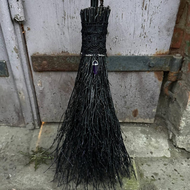 Black Witch Broom With Lace and Crystal, Besom, Birch Broom, Natural ...