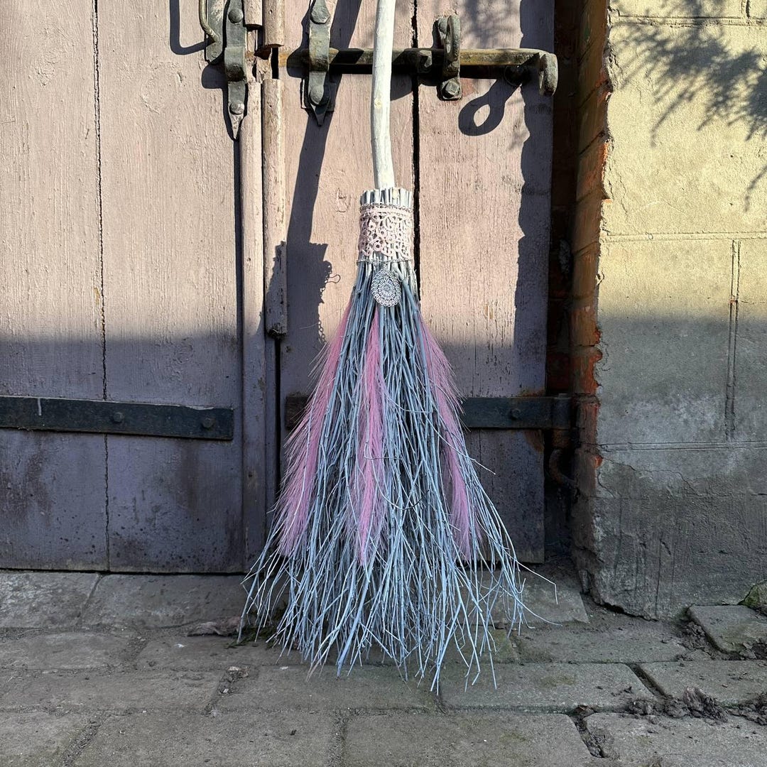 White and Pink Birch Broom, Wedding Broom With Feathers, Broomstick ...