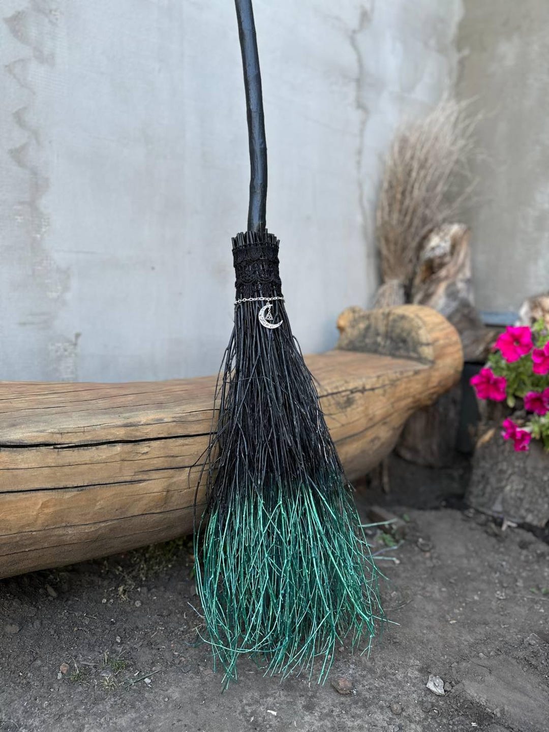 Black Witch Broom With Lace and Pendant, Besom, Birch Broom, Natural ...
