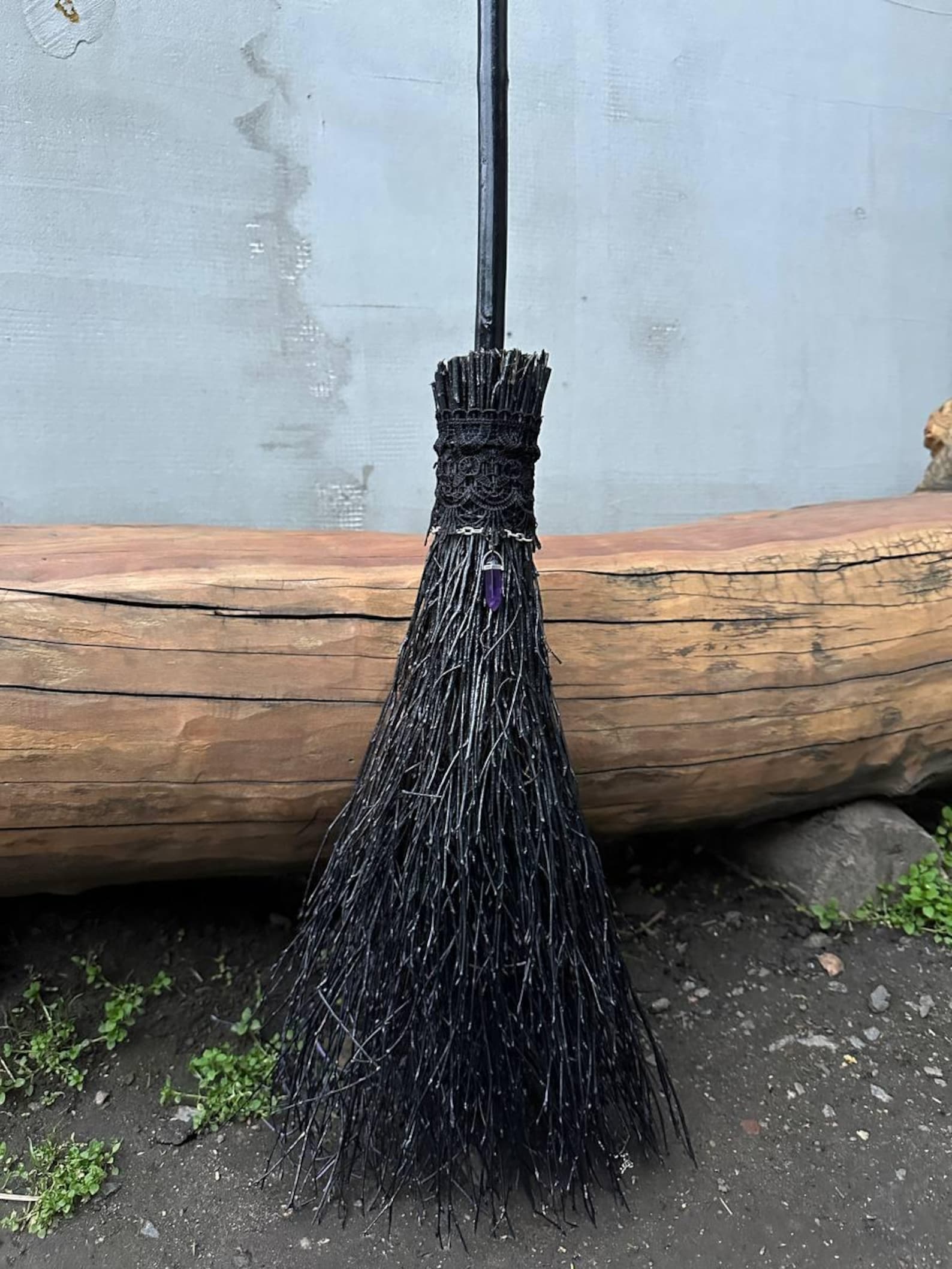 Black Witch Broom With Lace and Crystal, Besom, Birch Broom, Natural ...