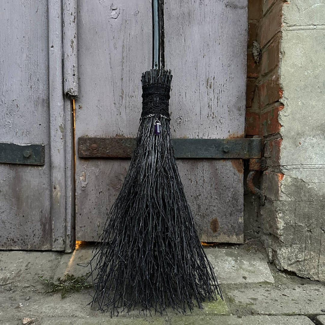 Black Witch Broom With Lace and Crystal, Besom, Birch Broom, Natural ...