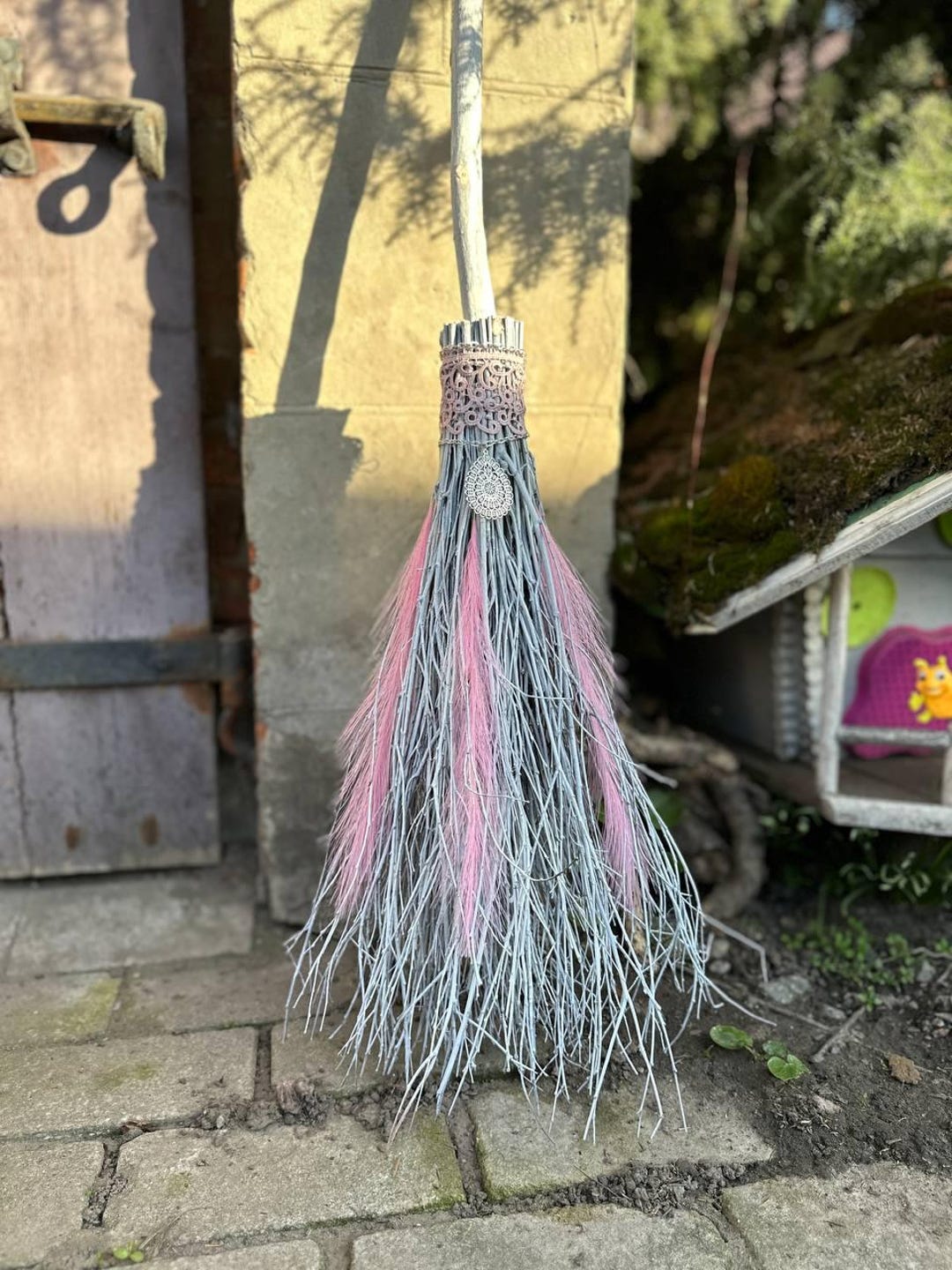 White and Pink Birch Broom, Wedding Broom With Feathers, Broomstick ...