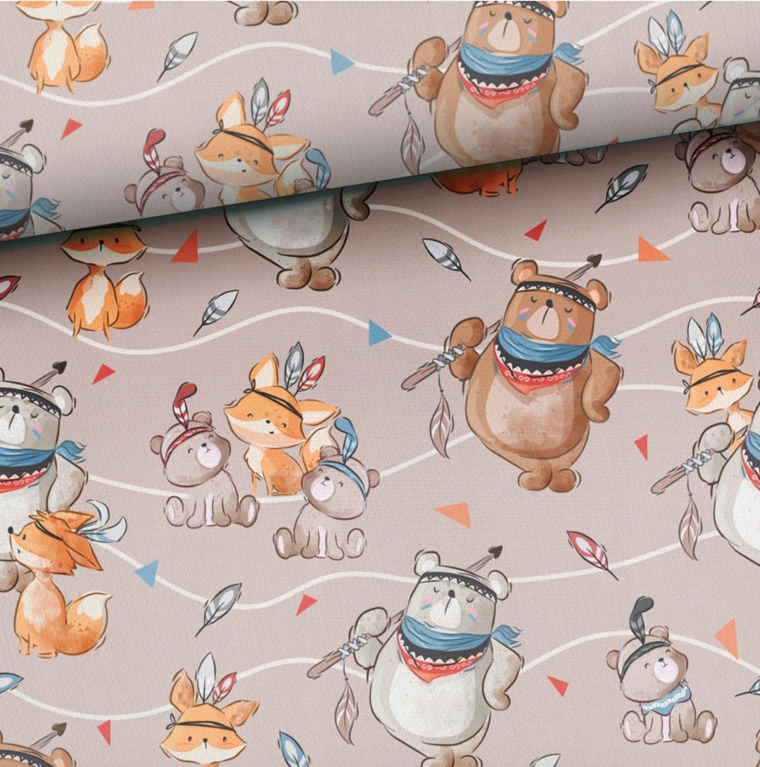 Premium Cotton, Bears and Foxes Boho Digital Print, Width 155cm /61 ...