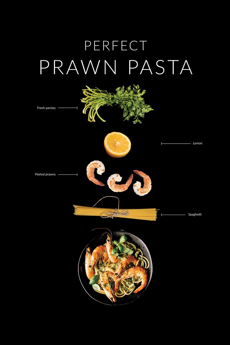 Prawn Pasta Recipe Poster | Kitchen Wall Art Print | Seafood Pasta ...