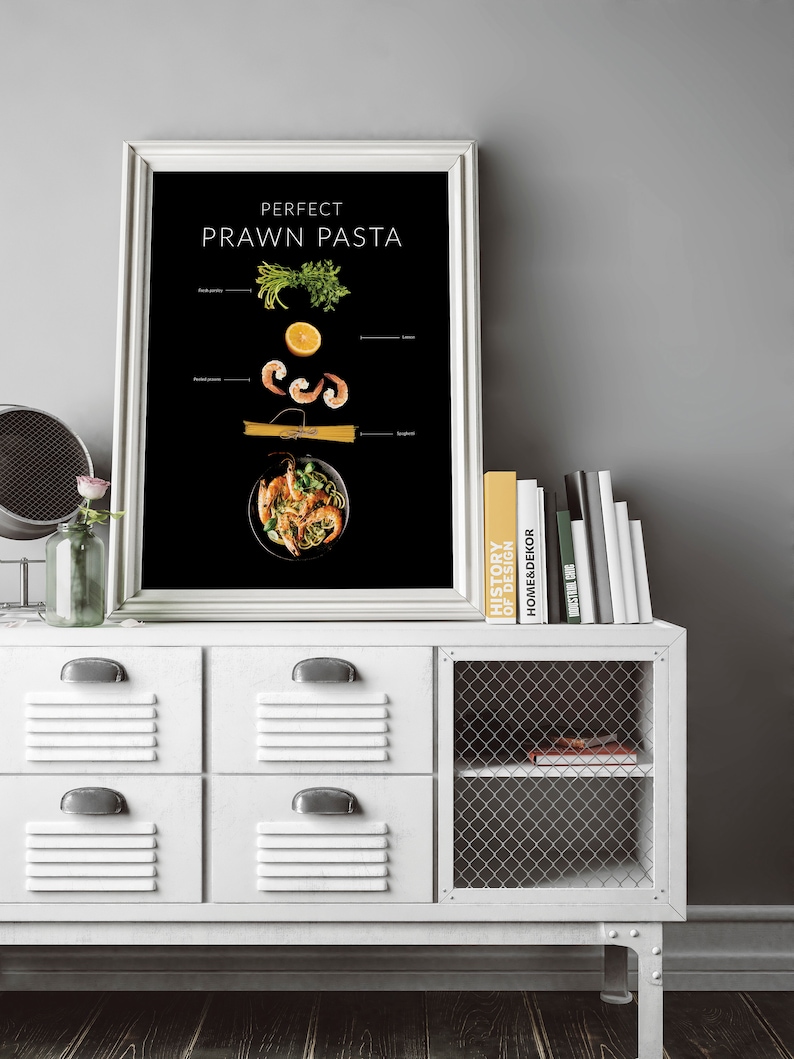 Prawn Pasta Recipe Poster | Kitchen Wall Art Print | Seafood Pasta ...
