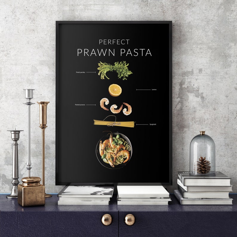 Prawn Pasta Recipe Poster | Kitchen Wall Art Print | Seafood Pasta ...