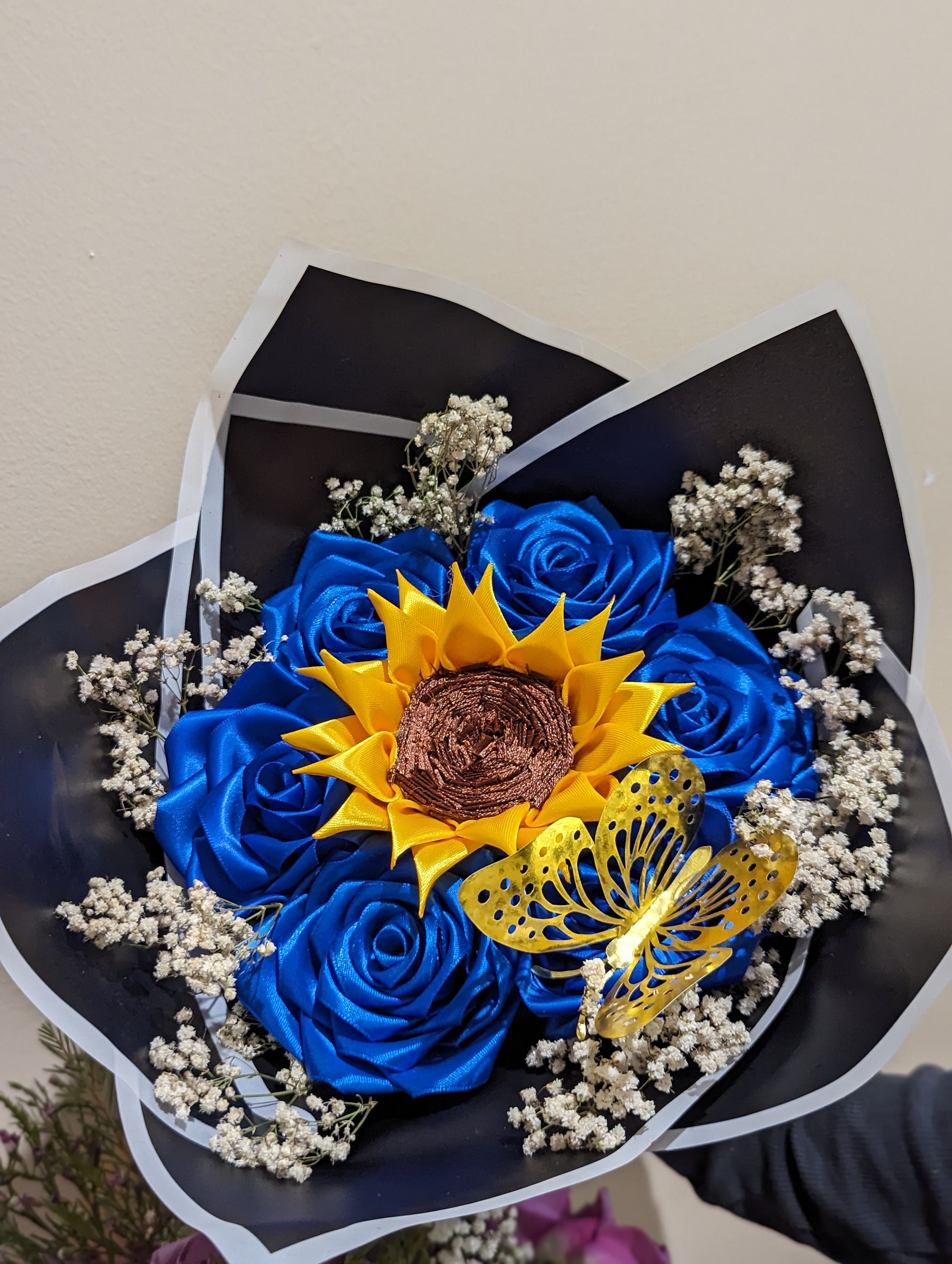 Everlasting/eternal (ribbon Roses)6roses and Sunflower Bouquet - Etsy