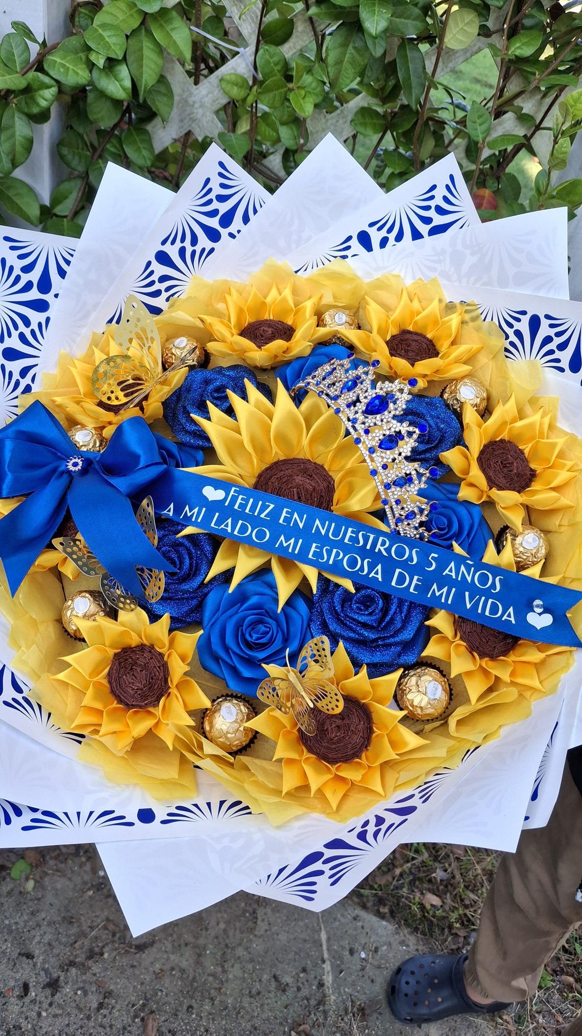 Sunflower & Blue Roses Everlasting Bouquet(talavera Inspo)(ribbon ...