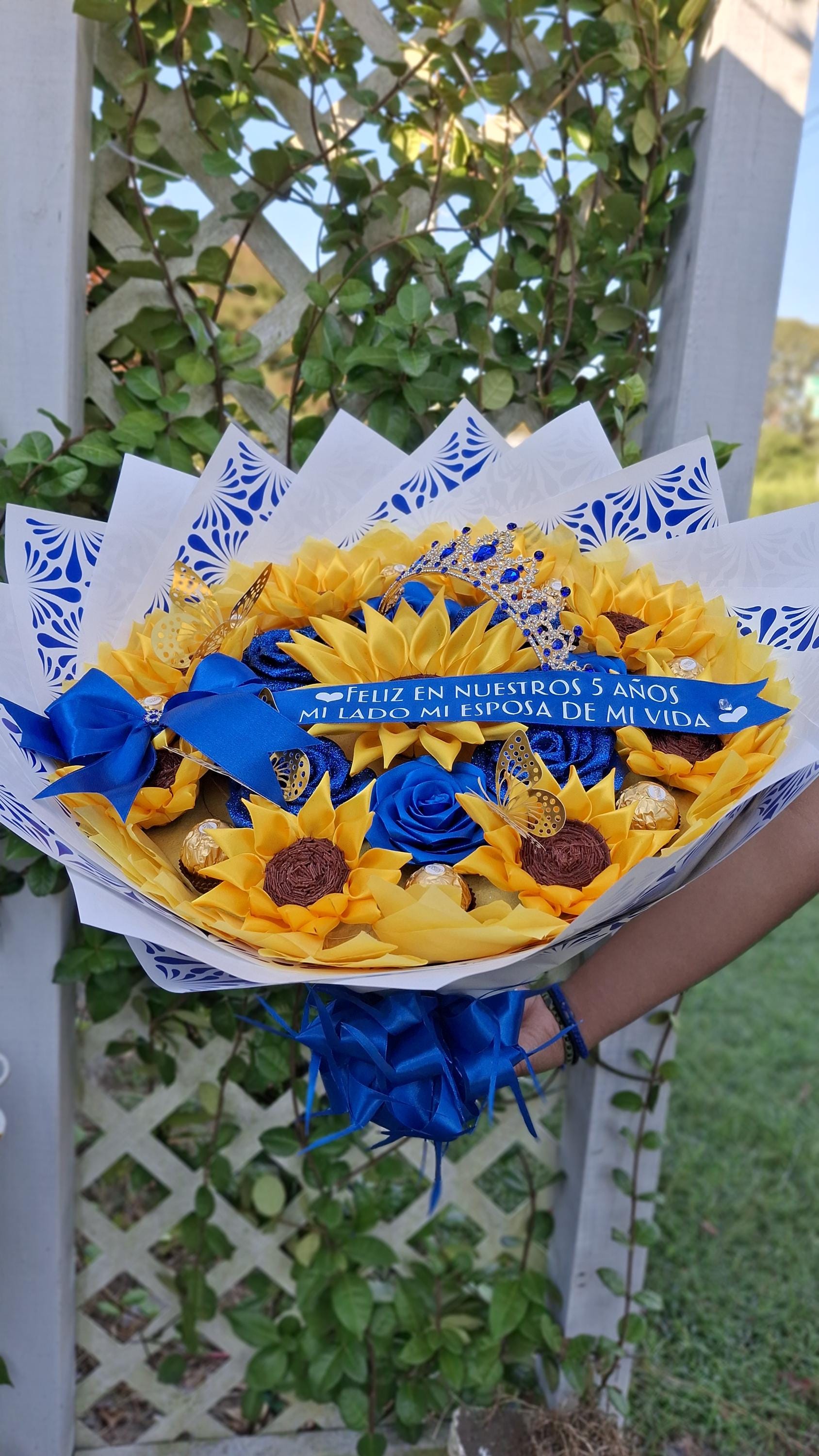 Sunflower & Blue Roses Everlasting Bouquet(talavera Inspo)(ribbon ...
