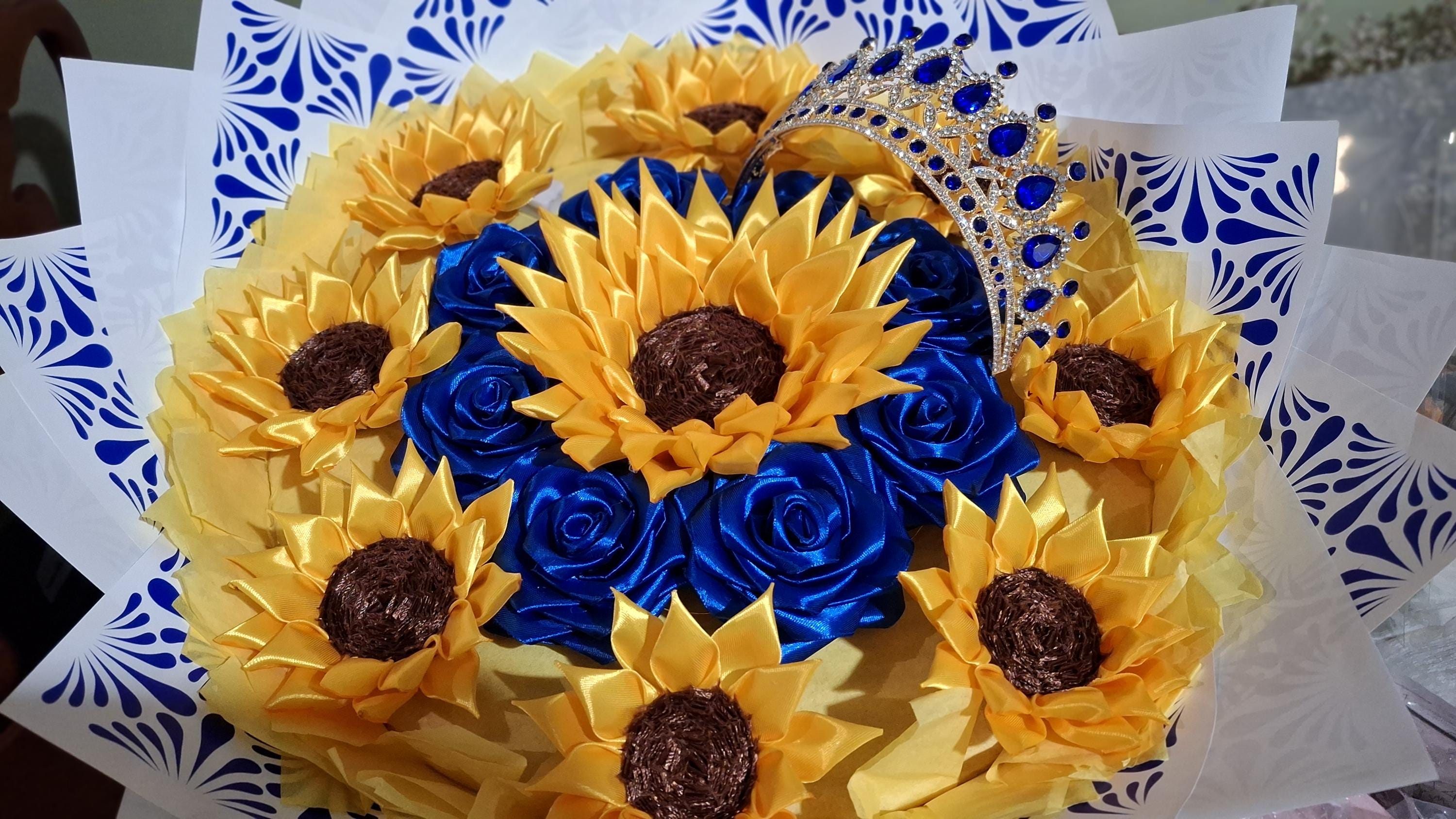 Sunflower & Blue Roses Everlasting Bouquet(talavera Inspo)(ribbon ...